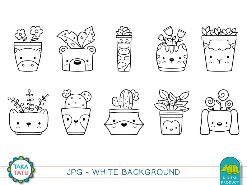 Animal Planters Digital Stamp Set / Animal Cute Plant Pots / Animals ...
