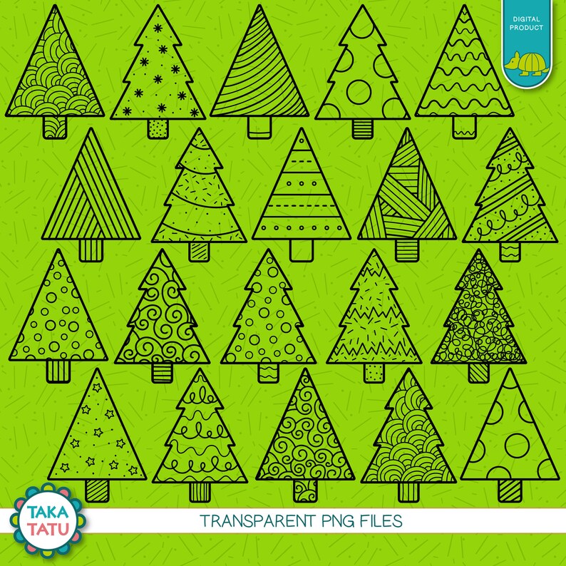 Christmas Trees Doodles - Christmas Trees Digital Stamp / Christmas ...