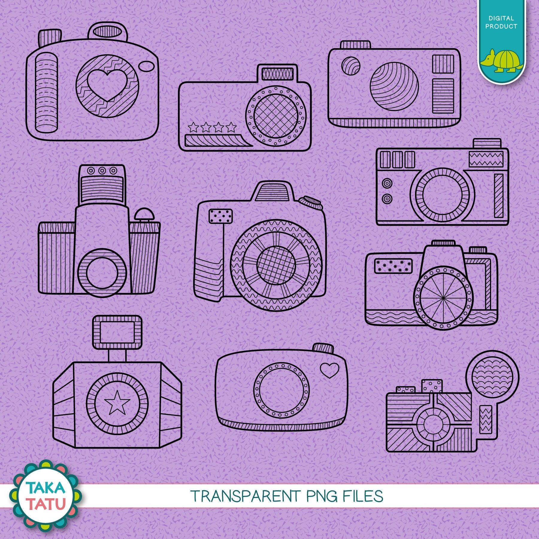 Camera Doodles Digital Stamp Pack - Black and White Clipart ...
