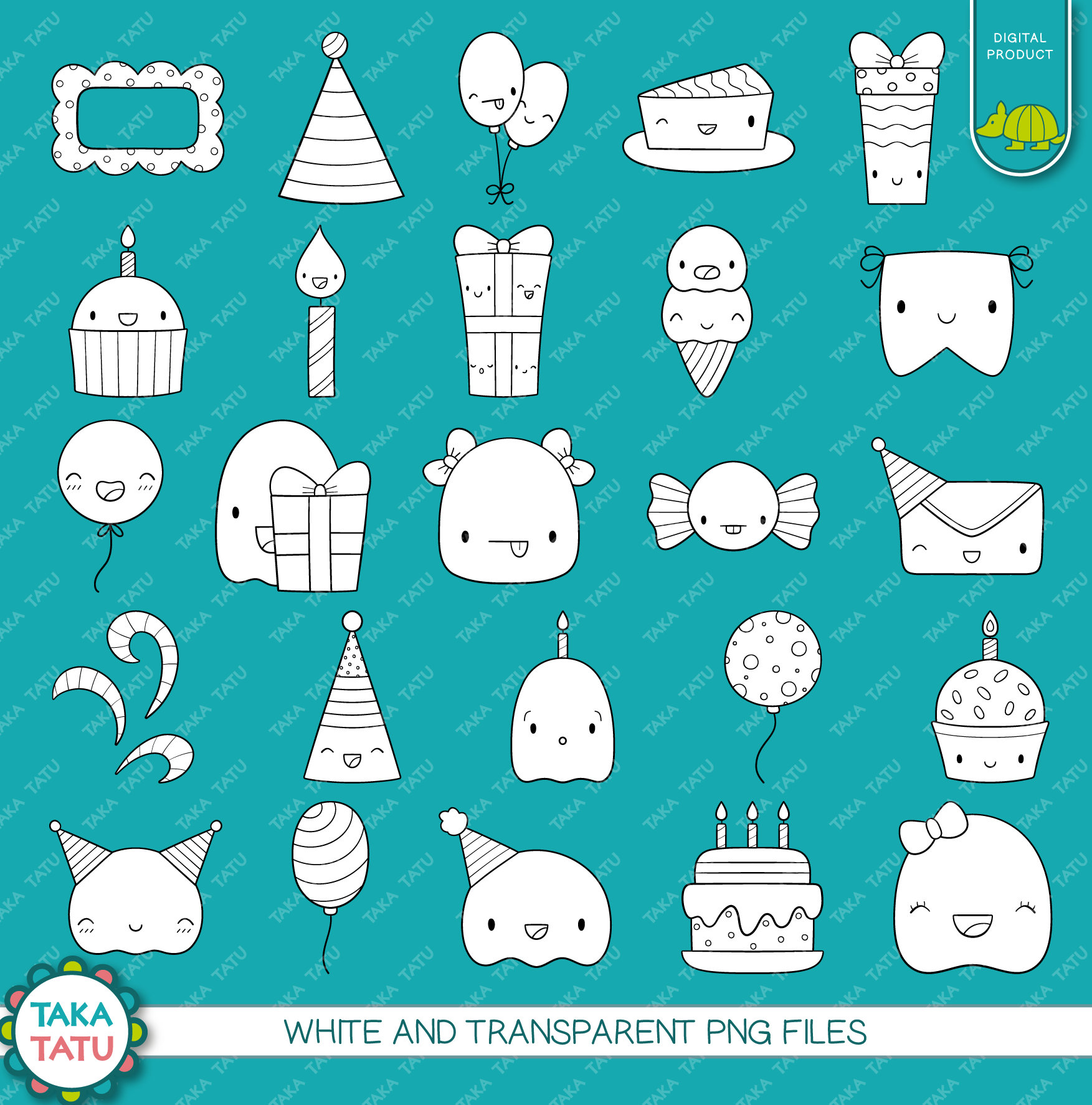 Kawaii Birthday Clipart Birthday Digi Stamps / Cute Line Art - Etsy