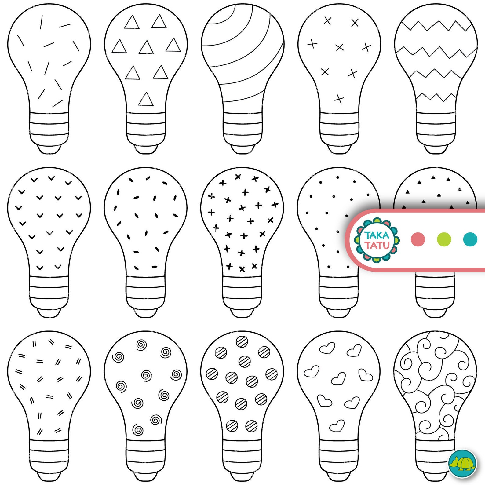 Cute Light Bulb Printable Line Art Graphics - Patterned Black and White ...