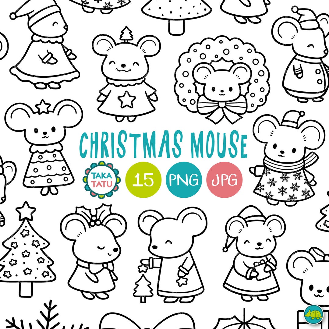 Mouse Christmas Cute Black and White Clipart - Hand Drawn Line Art ...