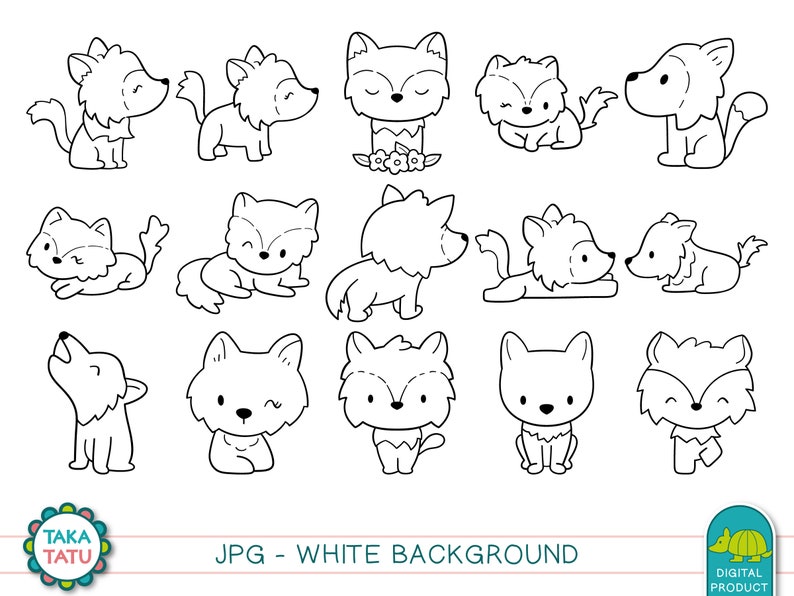 Wolf Doodles Digital Stamp - Wolf Clipart / Cute Wolf Hand Drawn Black ...