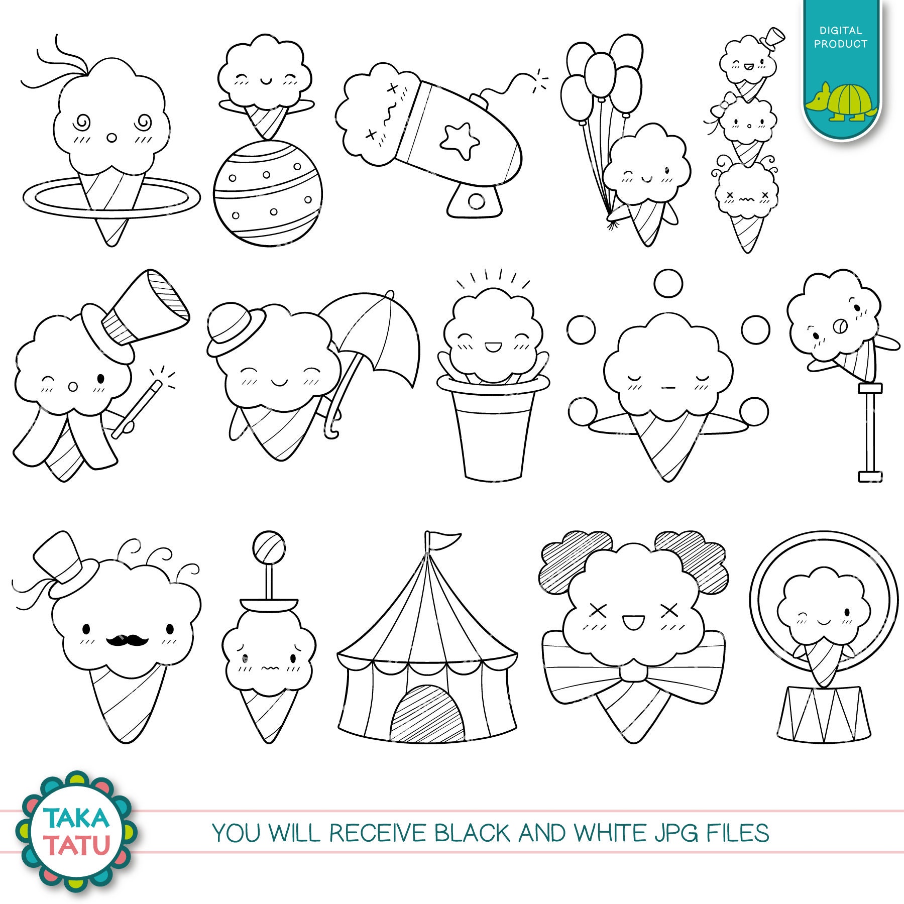 Cotton Candy Circus Clipart Kawaii Carnival Doodles Clipart - Etsy