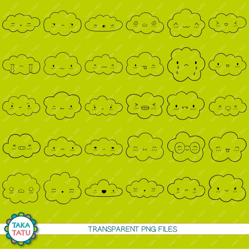 Kawaii Clouds Black and White Clipart Digital Stamp Download - Etsy