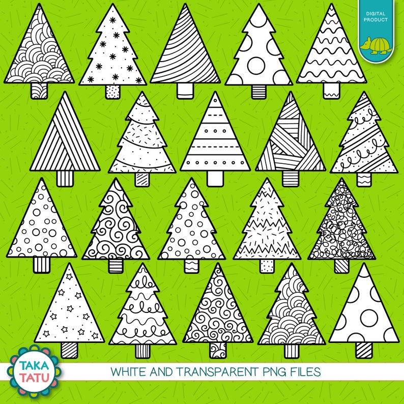 Christmas Trees Doodles Christmas Trees Digital Stamp / - Etsy