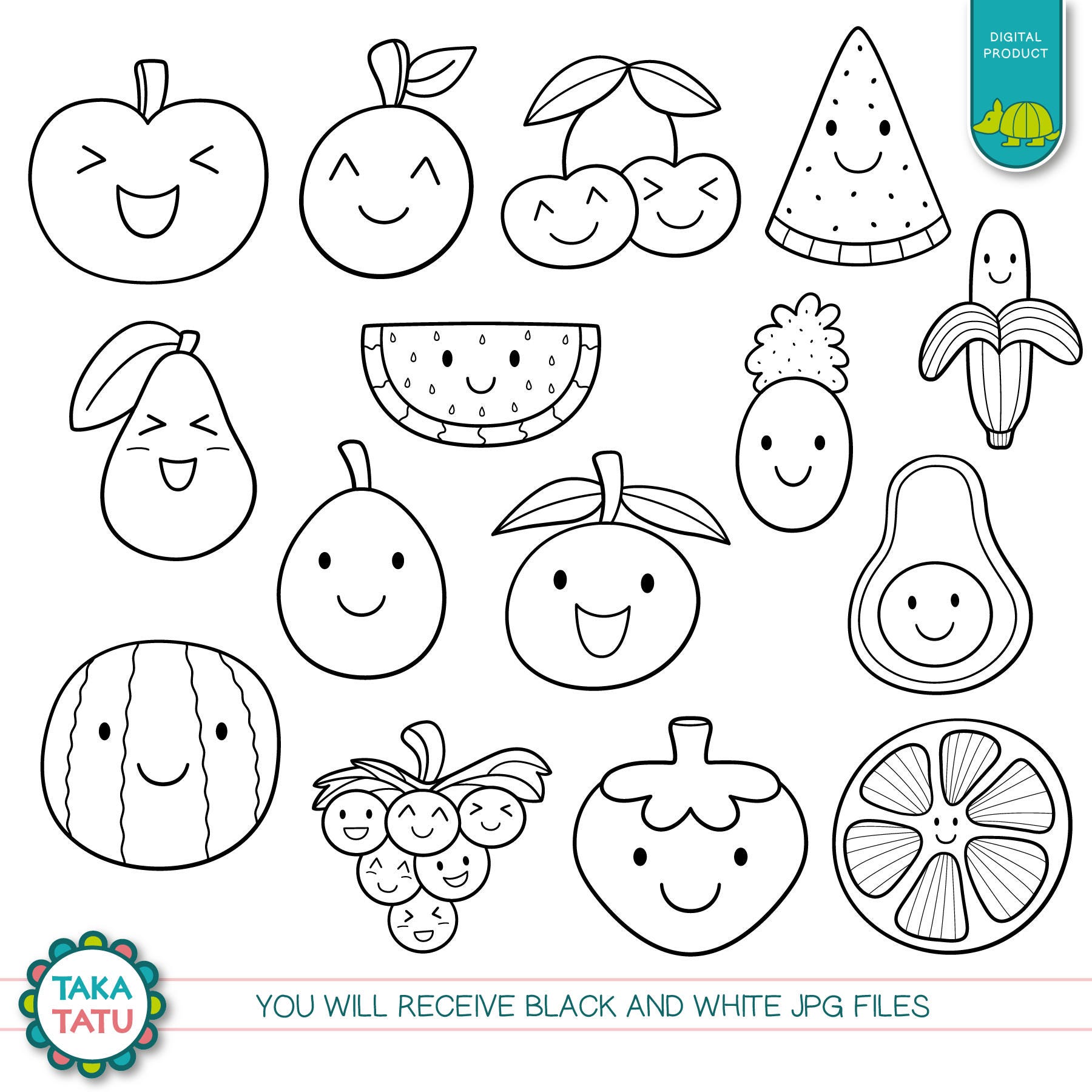 Kawaii Fruits Digital Stamp Black and White Clipart / Kawaii - Etsy