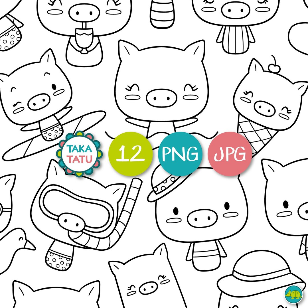 Summer Piglets Clipart - Cute Pigs Black and White Digital Stamps ...