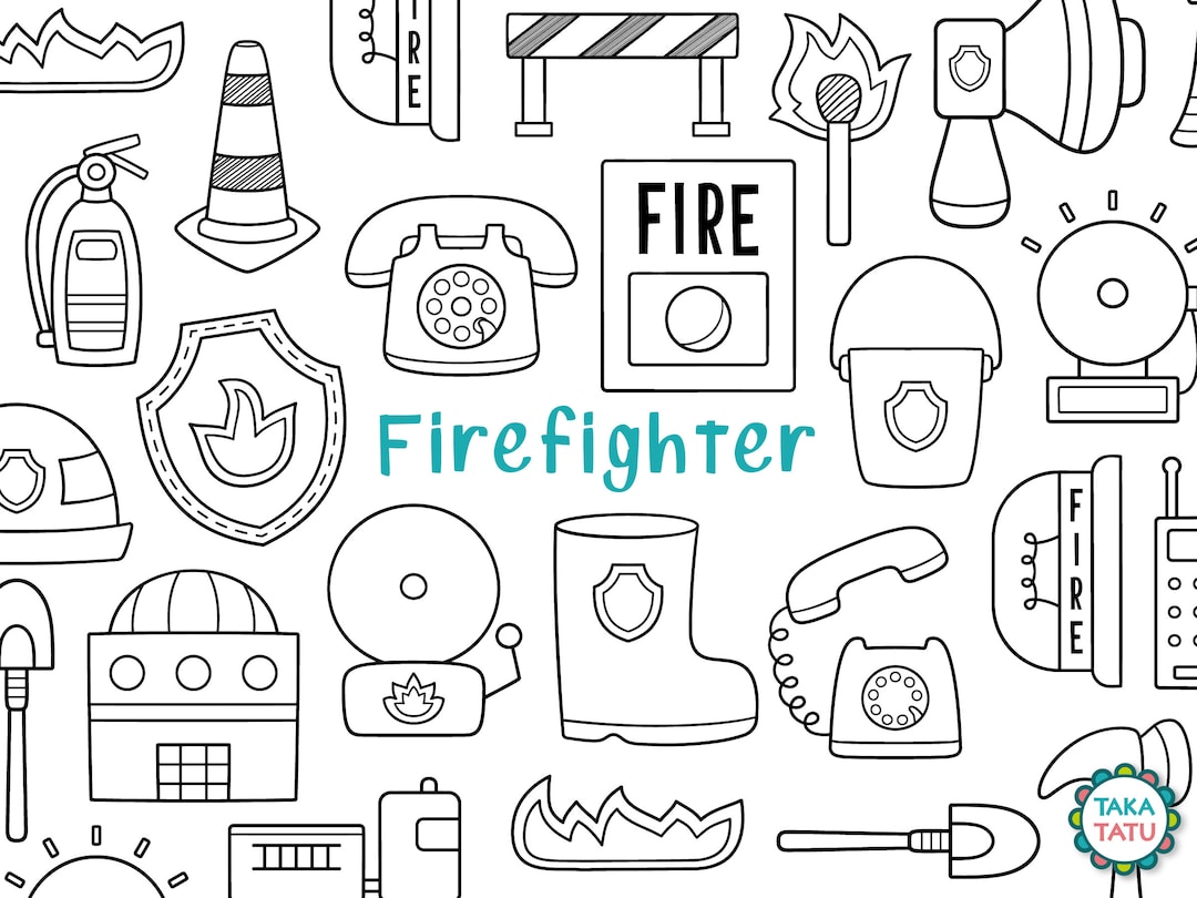 Firefighter Elements Digital Stamp Pack - Black and White Hand Drawn ...