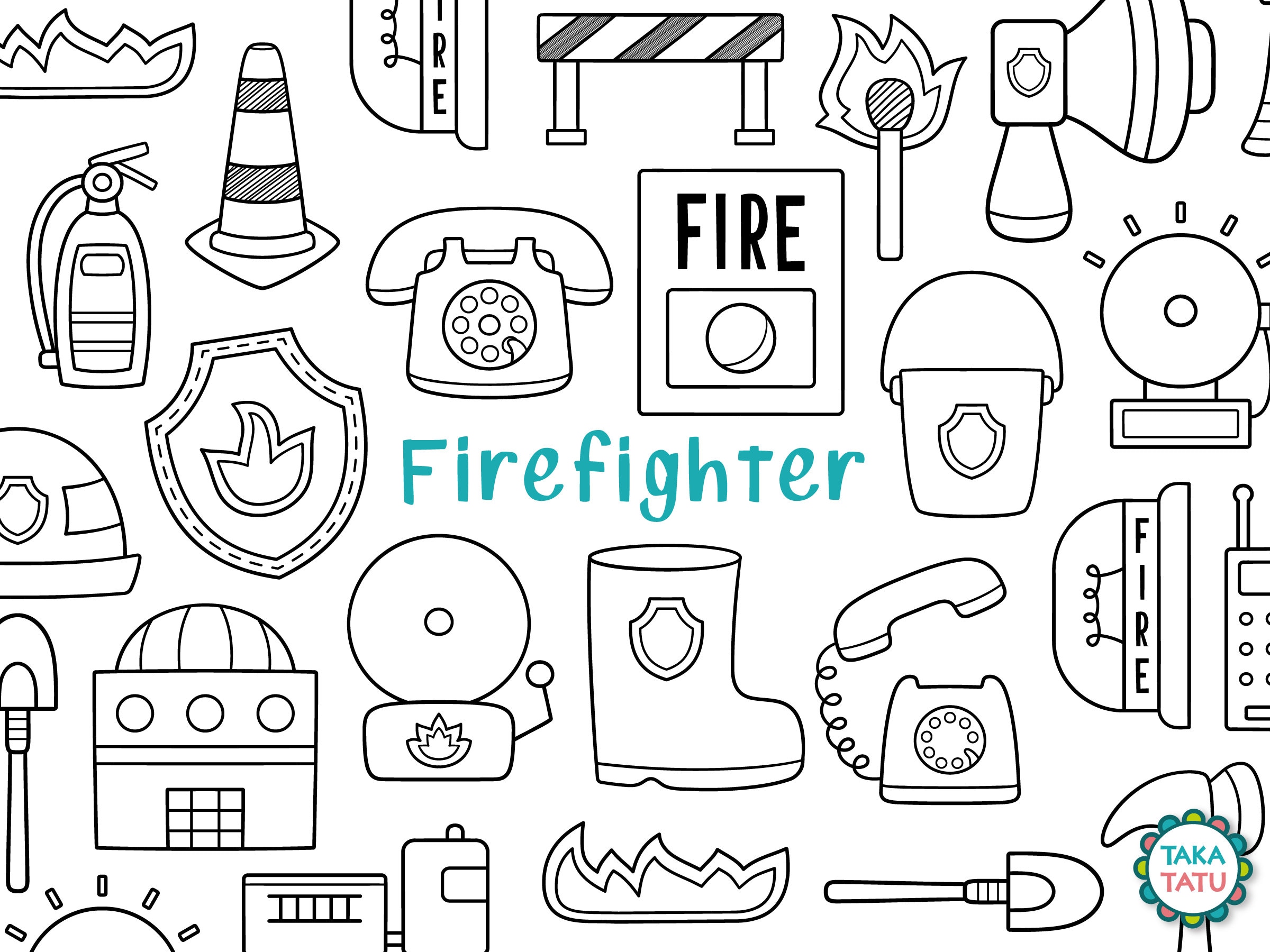 Firefighter Elements Digital Stamp Pack Black and White Hand - Etsy