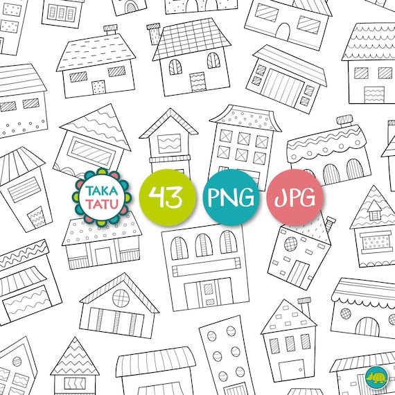 Houses and Shops Clipart Black and White Digital Stamps / | Etsy