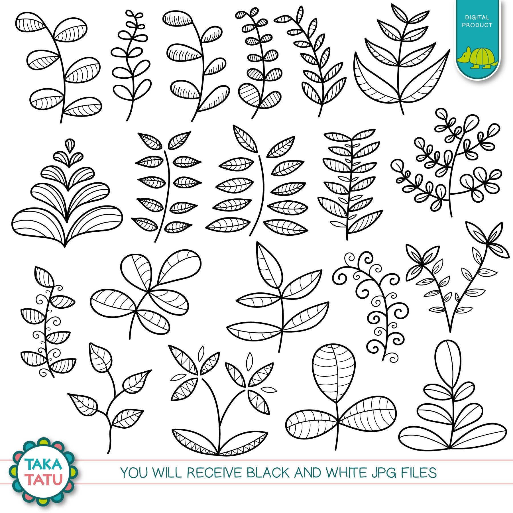 Botanical Doodles Digital Stamp - Botanical Doodles Clipart / Floral ...