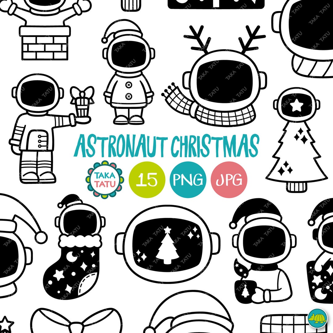 Astronaut Christmas Black and White Digital Stamp Set - Cute Space ...