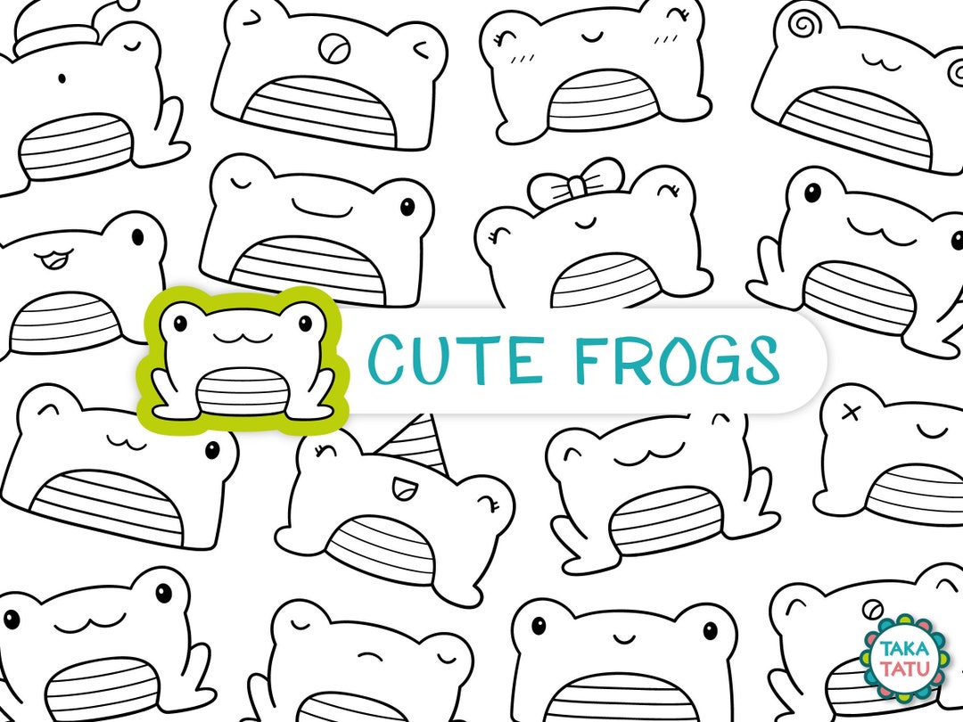 Cute Frogs Digital Stamp - Black and White Kawaii Frogs Printable Line ...