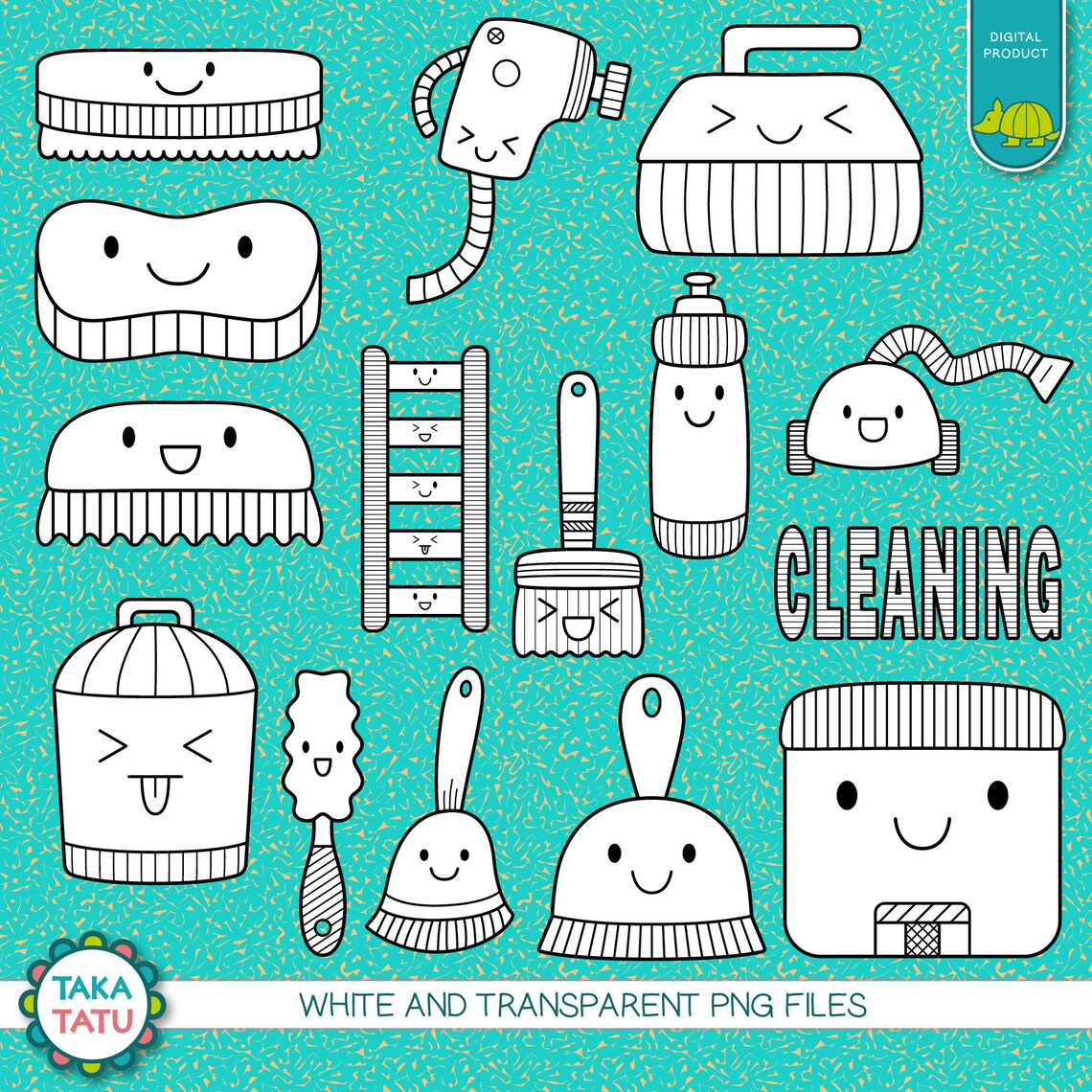 Cleaning Digital Stamp Kawaii Cleaning Clipart / Cleaning - Etsy