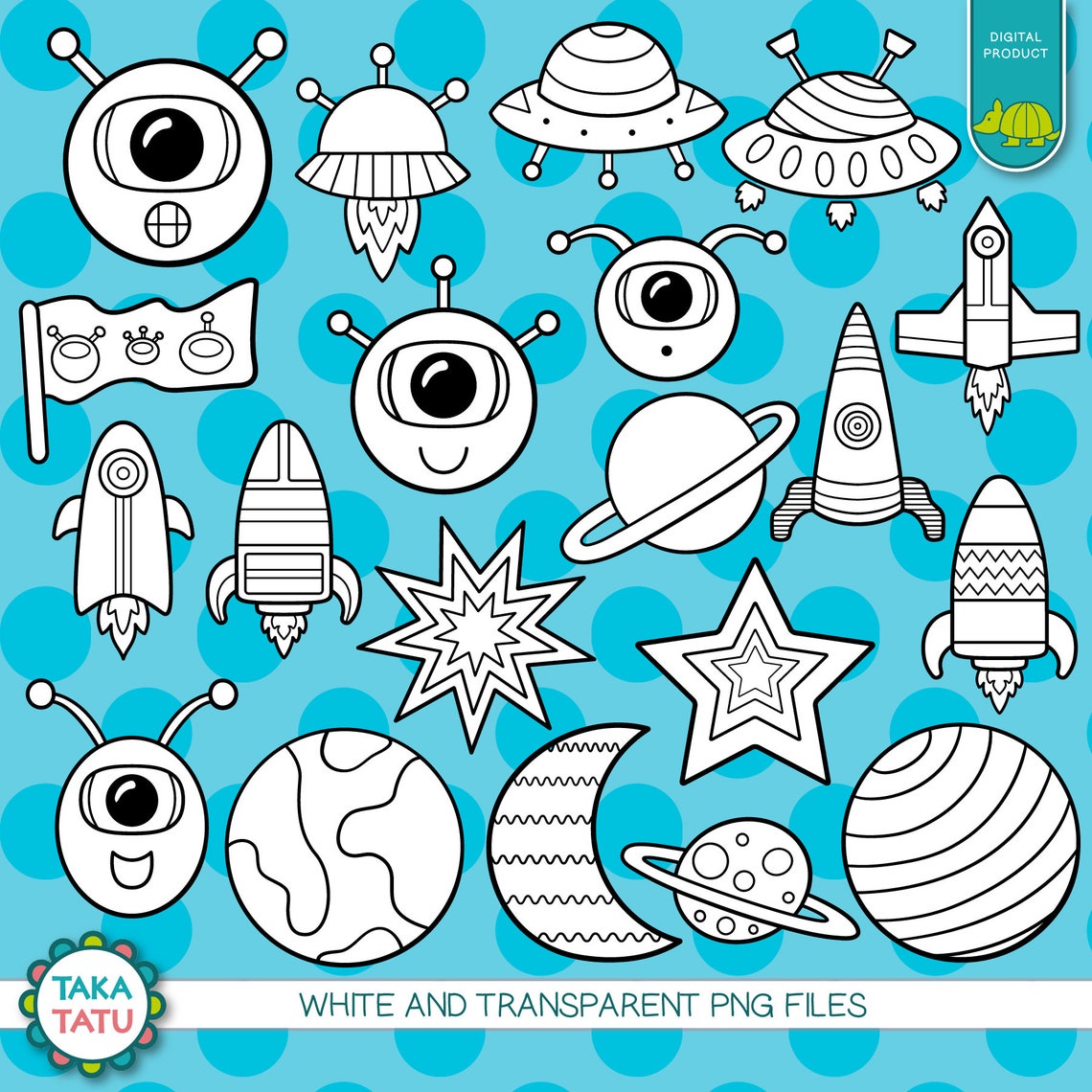 Space Doodles Digital Stamp - Black and White Clipart / Kids Clipart ...