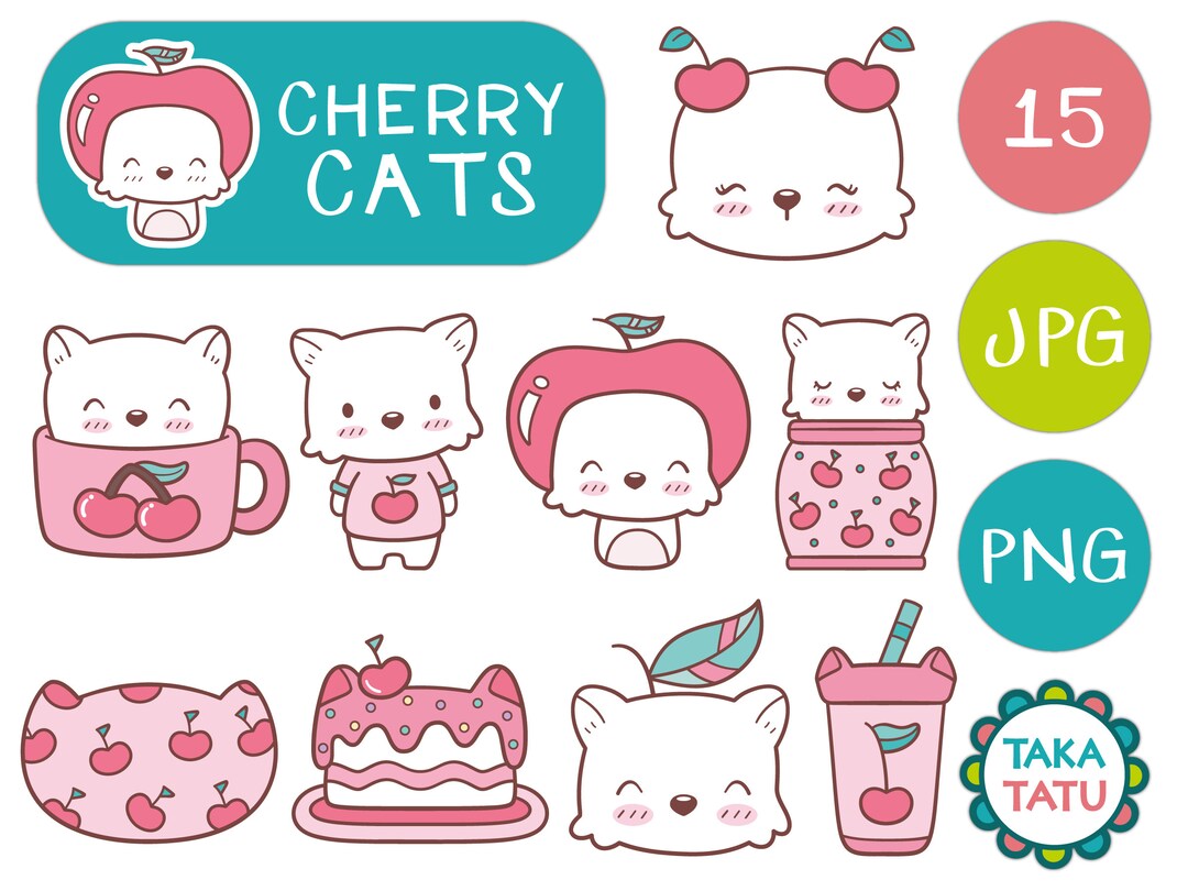 Cherry Cats Cute Colorful Clipart Set - Cute Cats Digital Illustration ...