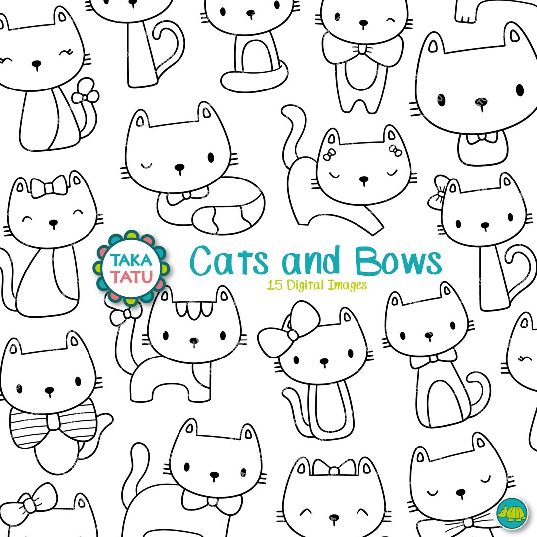 Cats and Bows Digital Stamp Pack - Black and White Lines / Cute Cats ...