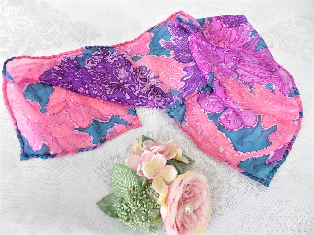 Secret Garden Small Floral Silk Scarf in Pink, Mauve, Teal and Lilac ...