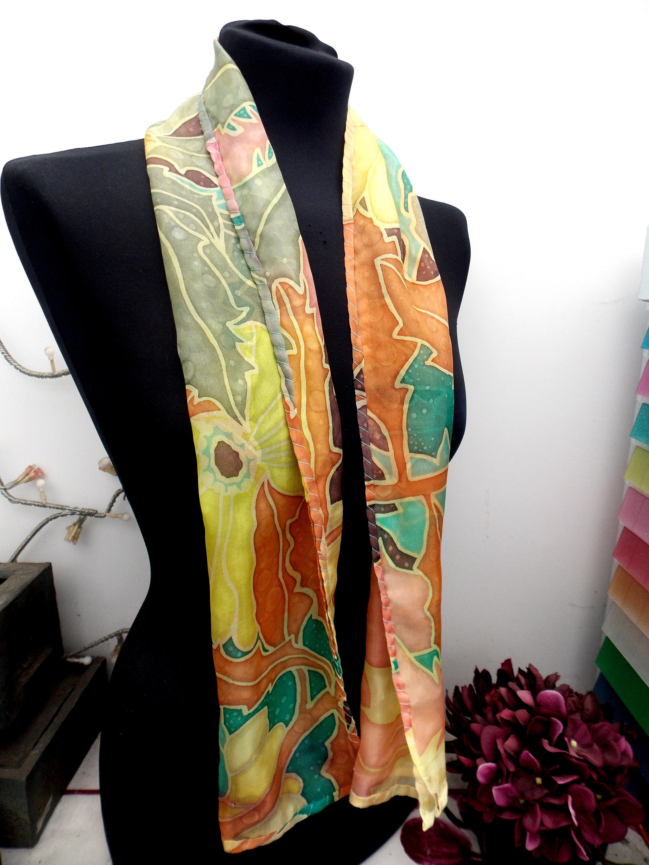 Daisy Flowers in Orange, Yellow, Teal, Grey, and Brown, Long ...