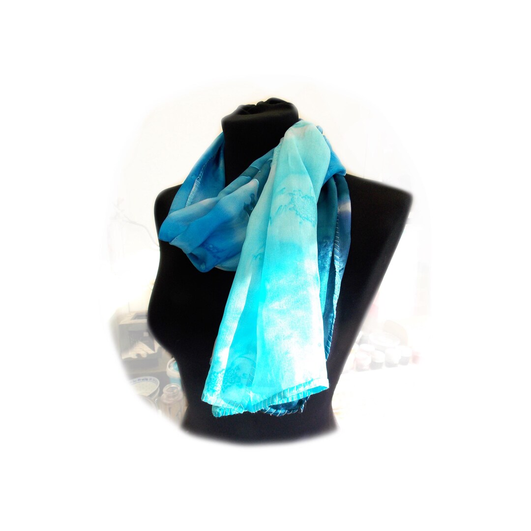 Long Silk Scarf or Shawl, in Indigo, and Turquoise Blue, With Images of ...