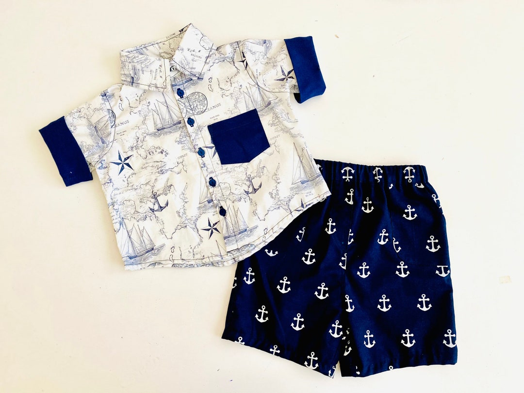 Little Ocean Explorer Nautical Map Button Down Dress Shirt and Blue ...
