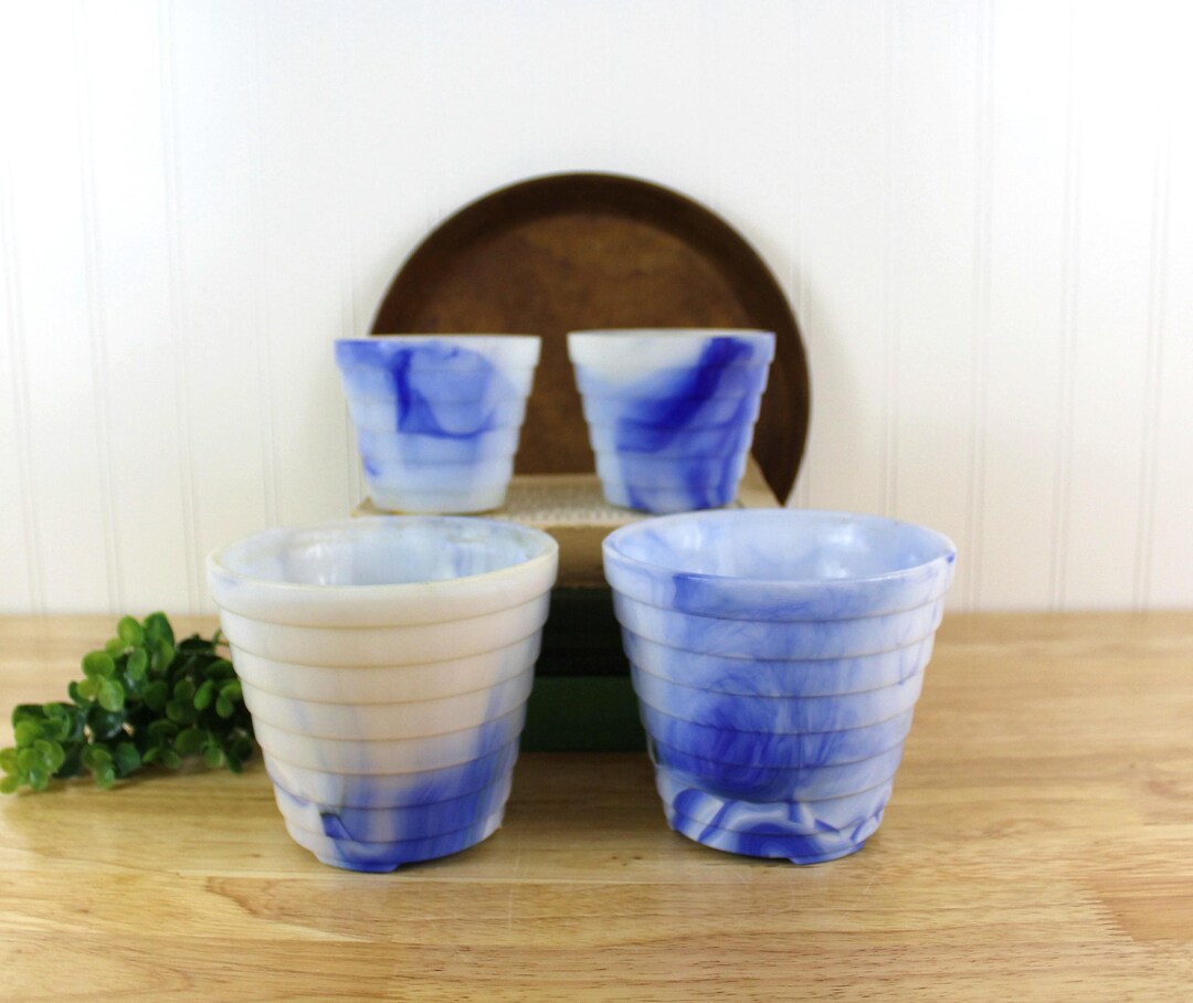 Set of 4 Akro Agate Flower Pots Blue Swirl Footed Ribbed | F828 - Etsy