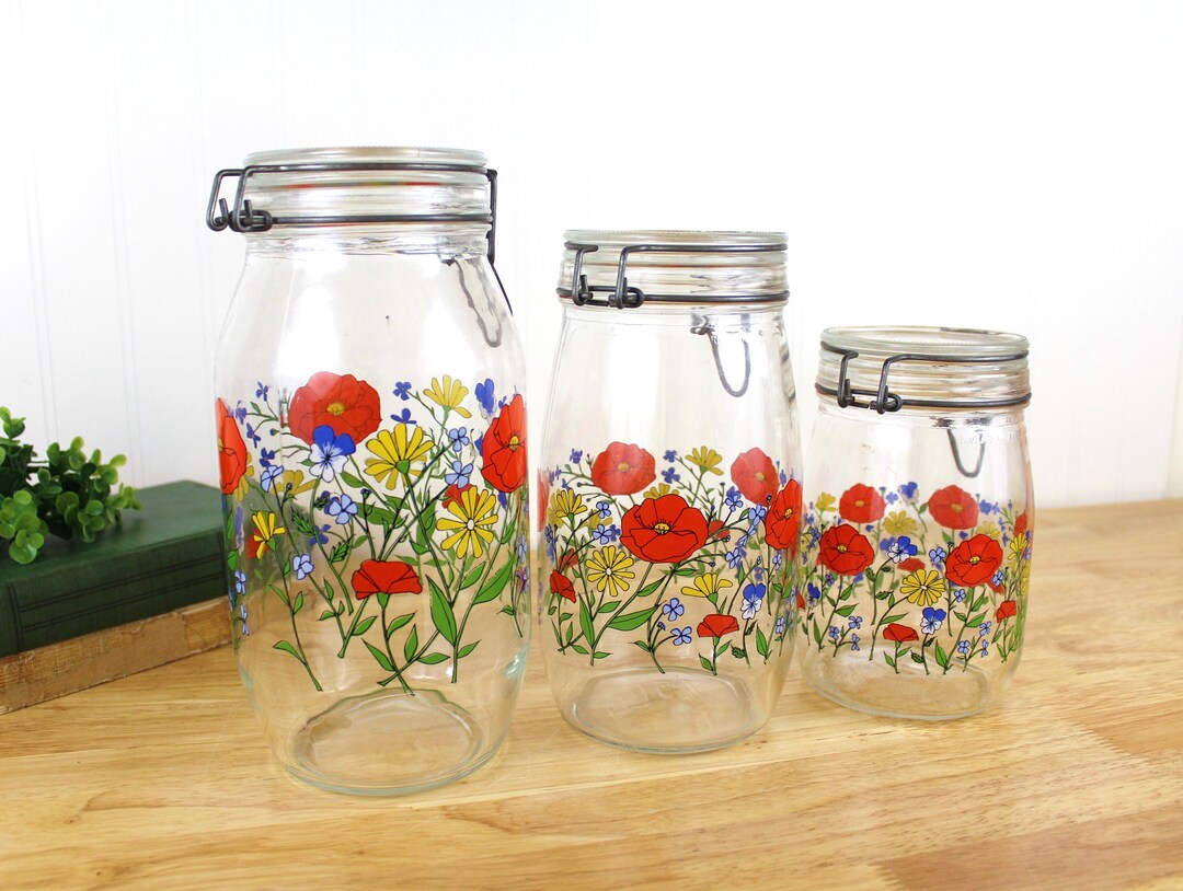 Set of 3 Arcoroc France Poppy Jar With Snap Lid | Floral Storage Jars ...