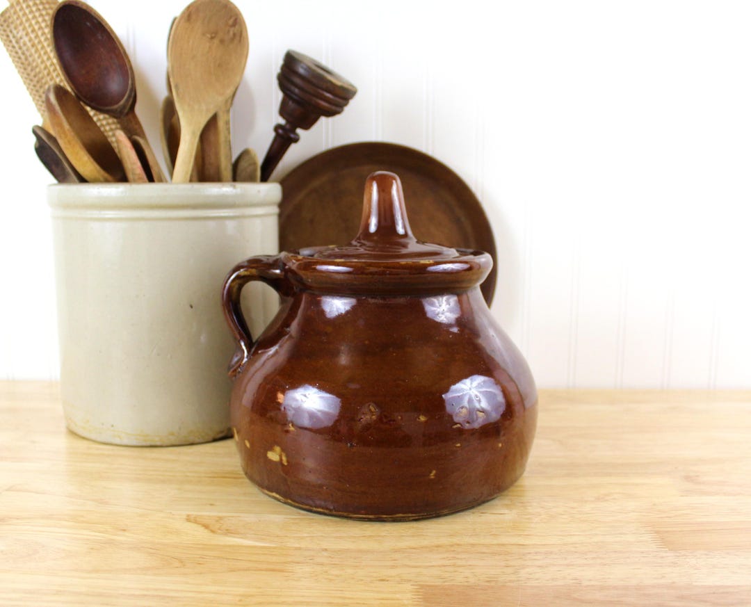 Vintage Stoneware Crock With Lid | Stoneware Bean Pot Jug Farmhouse ...