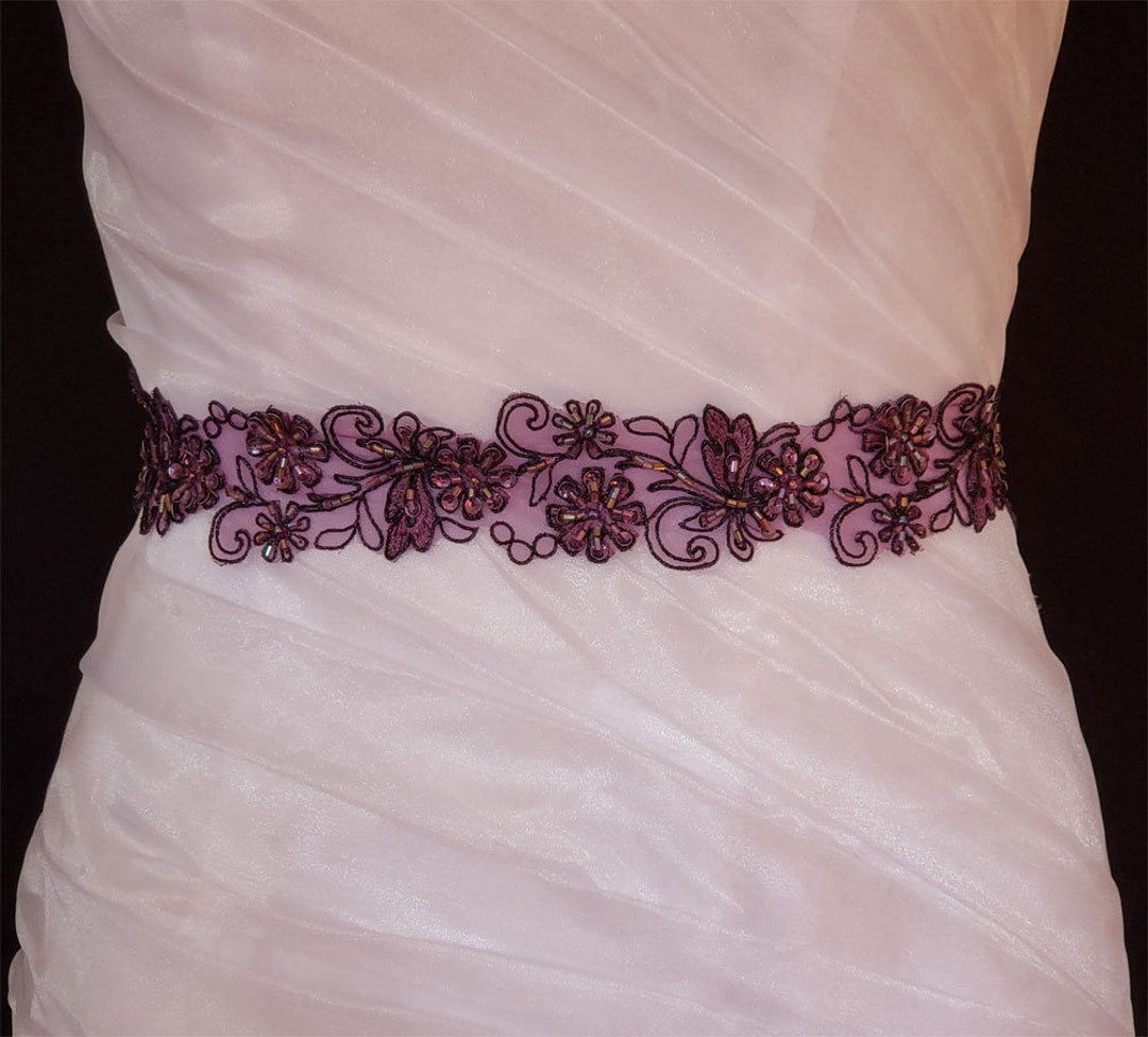 Plum Color Embroidery Sash,bridesmaid Sash,beaded Floral Sash,wedding ...
