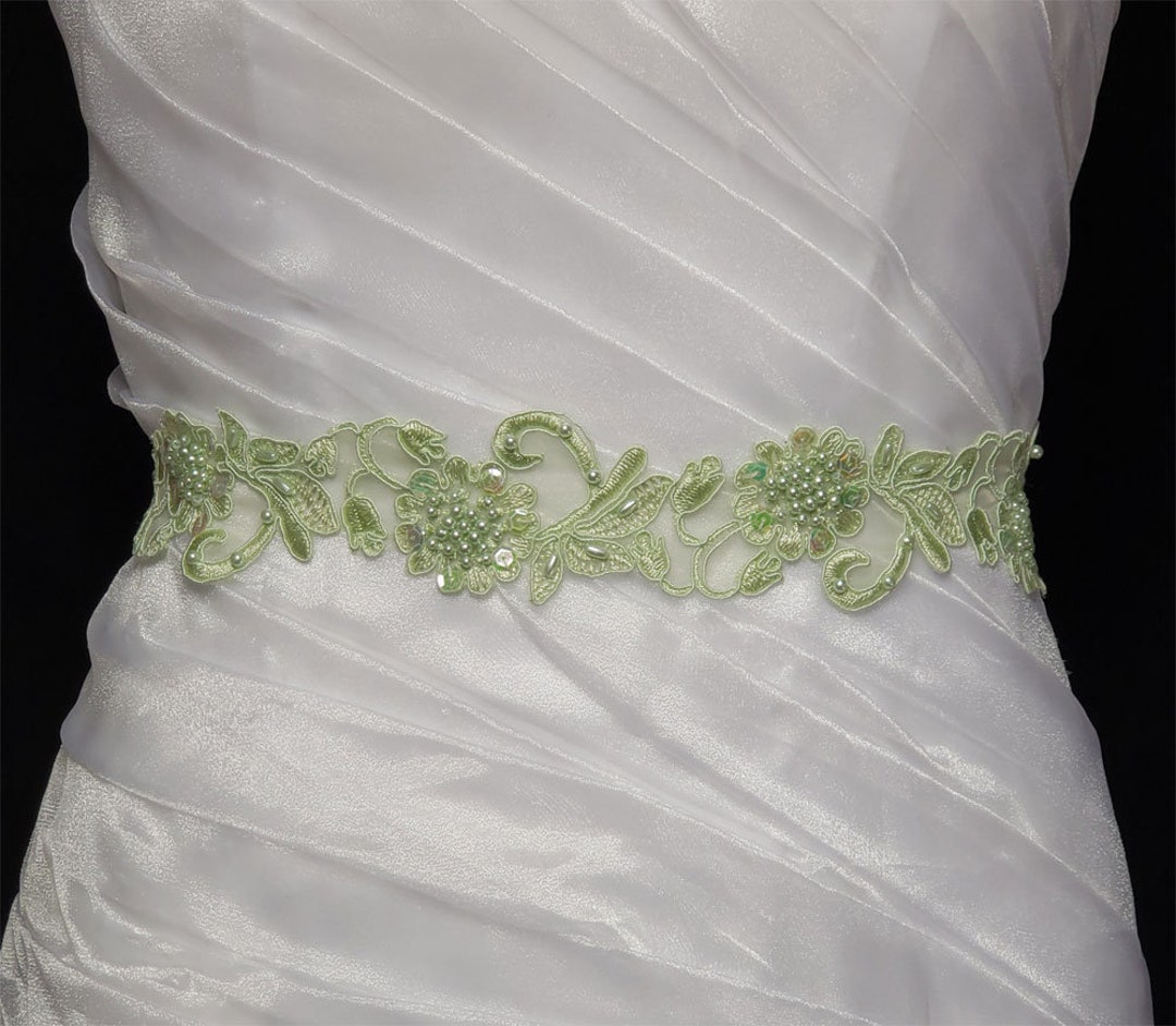 Green Embroidery Sash, Beaded Floral Sash,wedding Sash, Wedding Belt ...