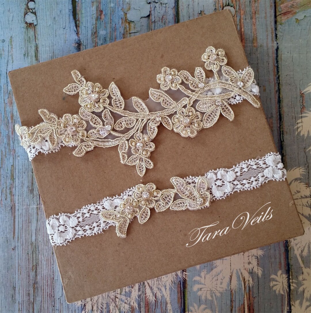 Wedding Garter, Bridal Garter Set , Light Gold Garter, Wedding Garters ...