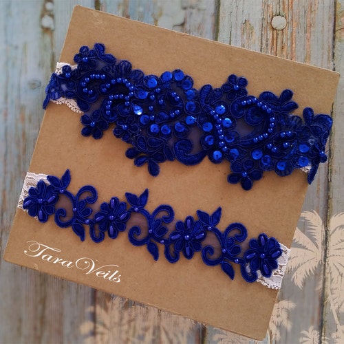 Royal Blue Beaded Lace Garter Set Bridal Blue Garter Wedding Etsy