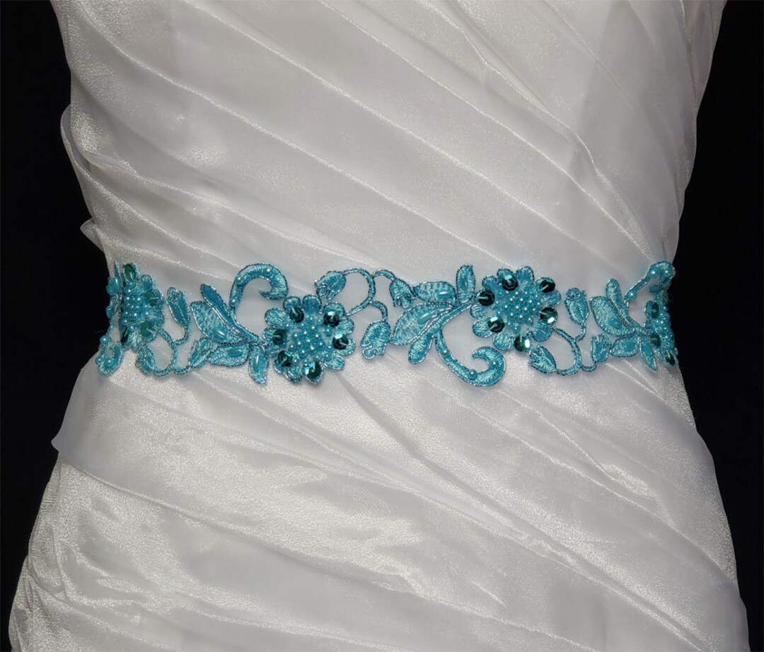Aqua Blue Embroidery Sash,bridesmaid Sash,beaded Floral Sash,wedding ...