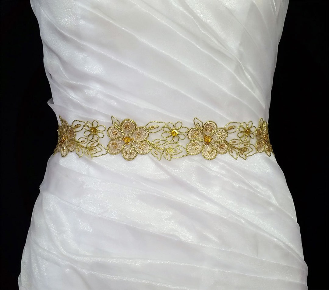 Gold Color Embroidery Sash,beaded Floral Sash,wedding Sash,wedding ...