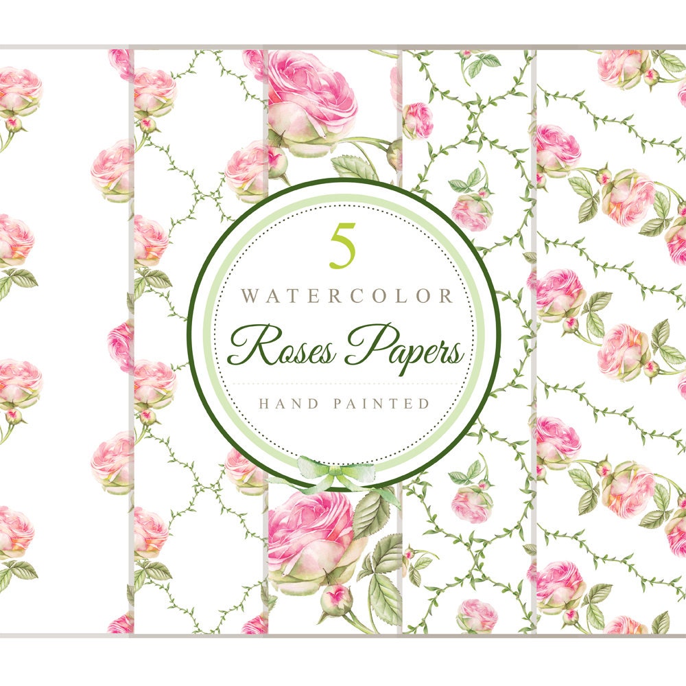 Roses, 5 Watercolor Papers / Patterns, Digital Paper, Wedding Paper ...