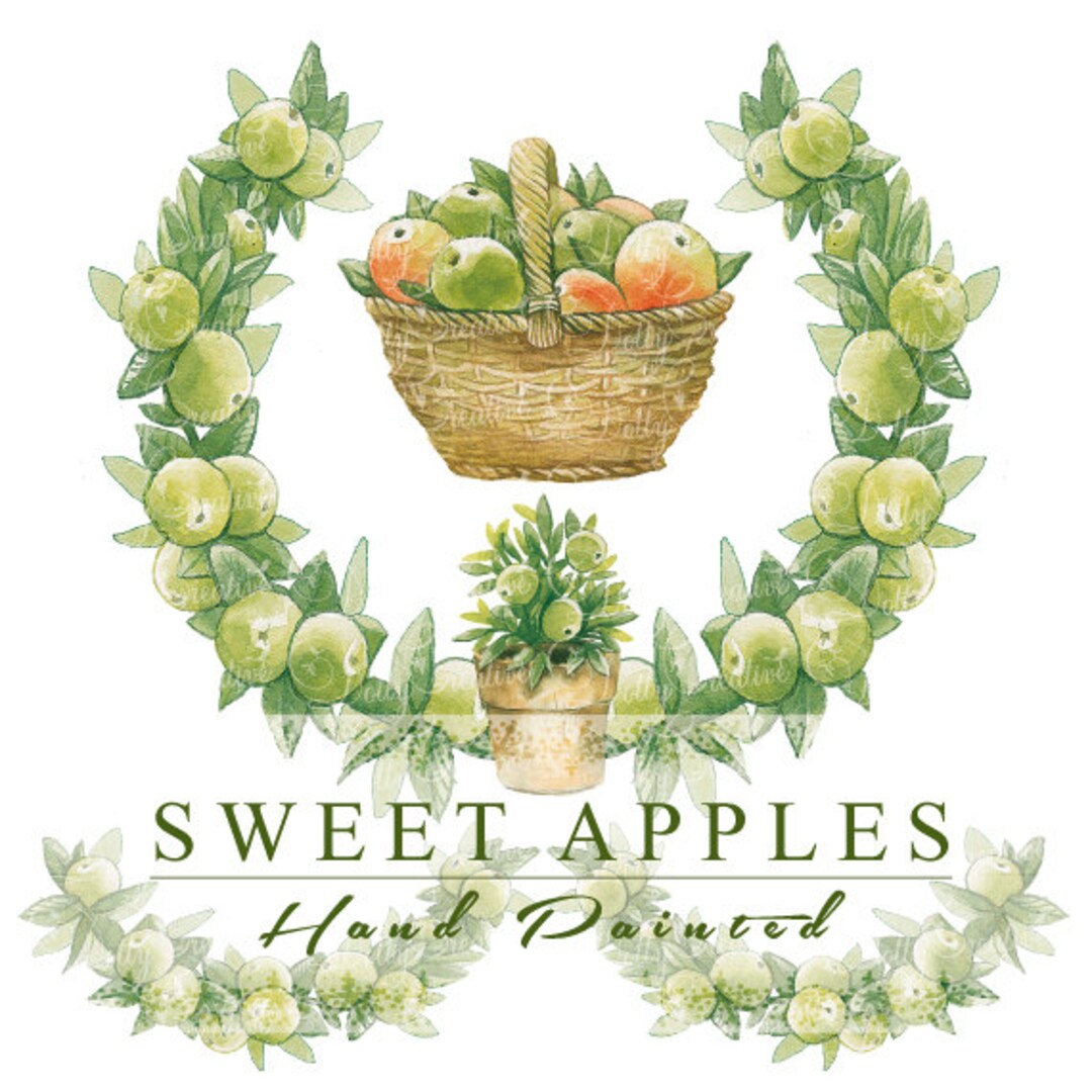 Sweet Apples, 4 Clipart Hand-painted, Frame, Border, Basket and Sapling ...