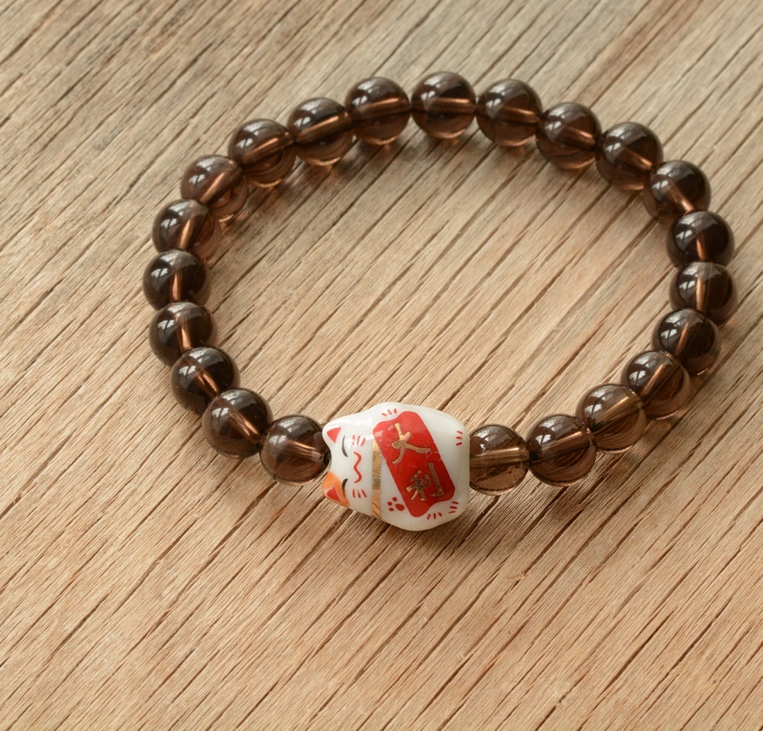 Chinese Japanese Smiling Maneki Neko Lucky Fortune Cat Beaded Bracelet ...