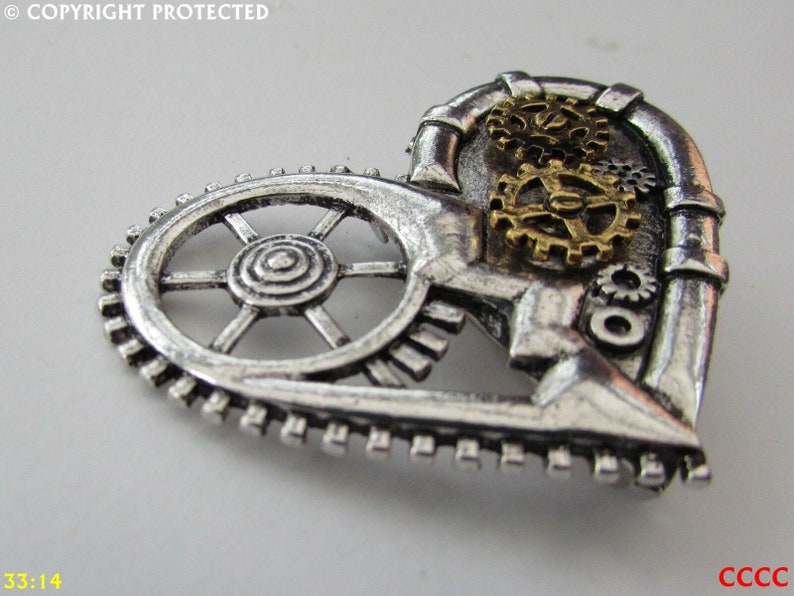 Steampunk Pin Badge Brooch Silver Heart Bronze Cog Mechanical | Etsy