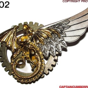 Steampunk Pin Badge Brooch Gold Dragon With Silver Wing and Bronze Cog ...