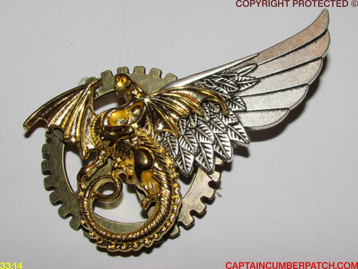 Steampunk Pin Badge Brooch Gold Dragon With Silver Wing and - Etsy