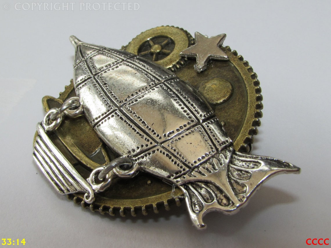 Steampunk Pin Badge Brooch Bronze Planets With Silver Zeppelin | Etsy