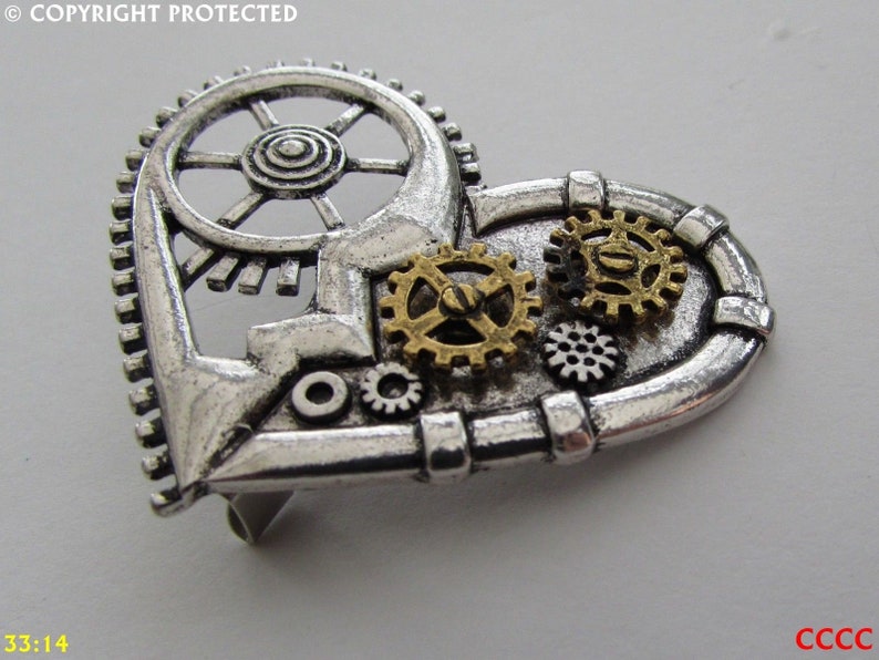 Steampunk Pin Badge Brooch Silver Heart Bronze Cog Mechanical | Etsy
