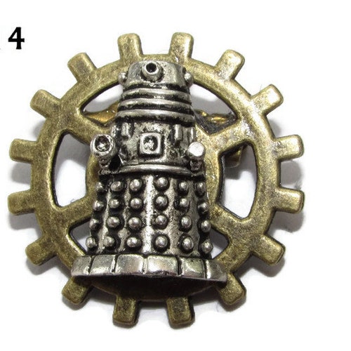 Steampunk Pin Badge Brooch Silver Coloured Dalek on Bronze Cog - Etsy