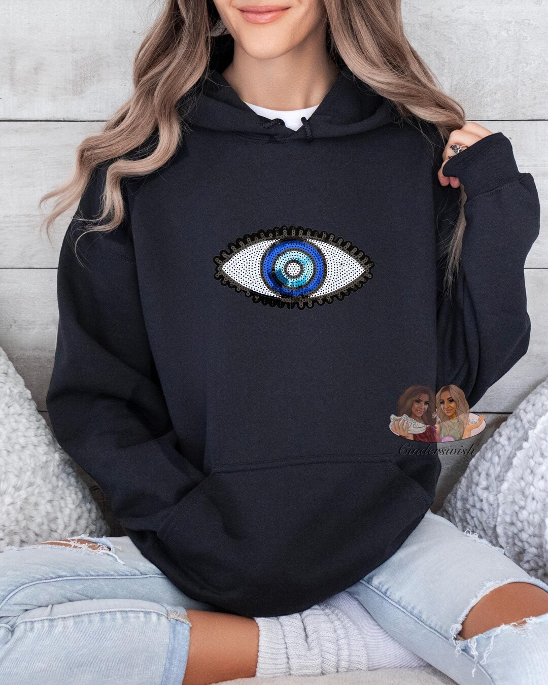 Turkish Sequin Oval Evil Eye Heavy Weight Hoodie / Good Luck Charm ...