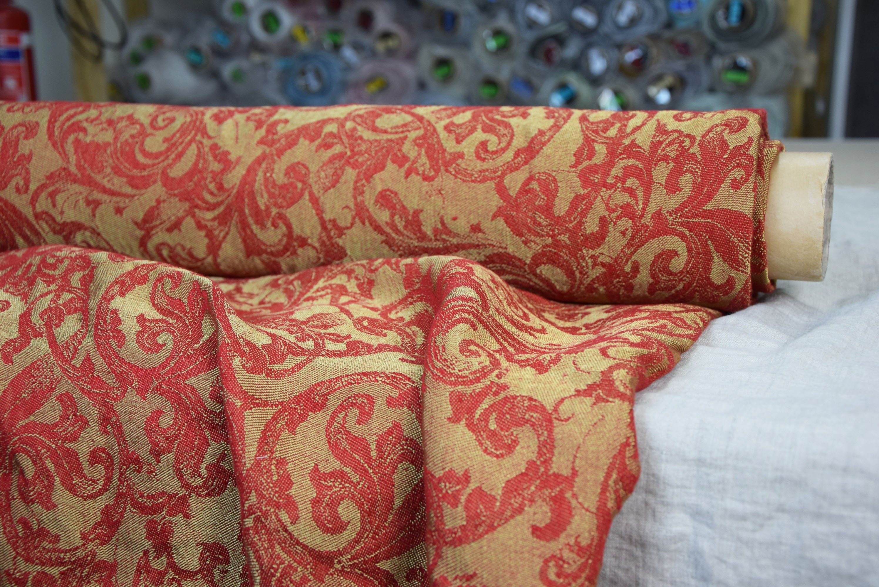 52 48 Linen viscose Fabric 250gsm Red golden Jacquard Pattern Washed 52 48 Linen viscose Fabric 250gsm Red golden Jacquard Pattern Washed