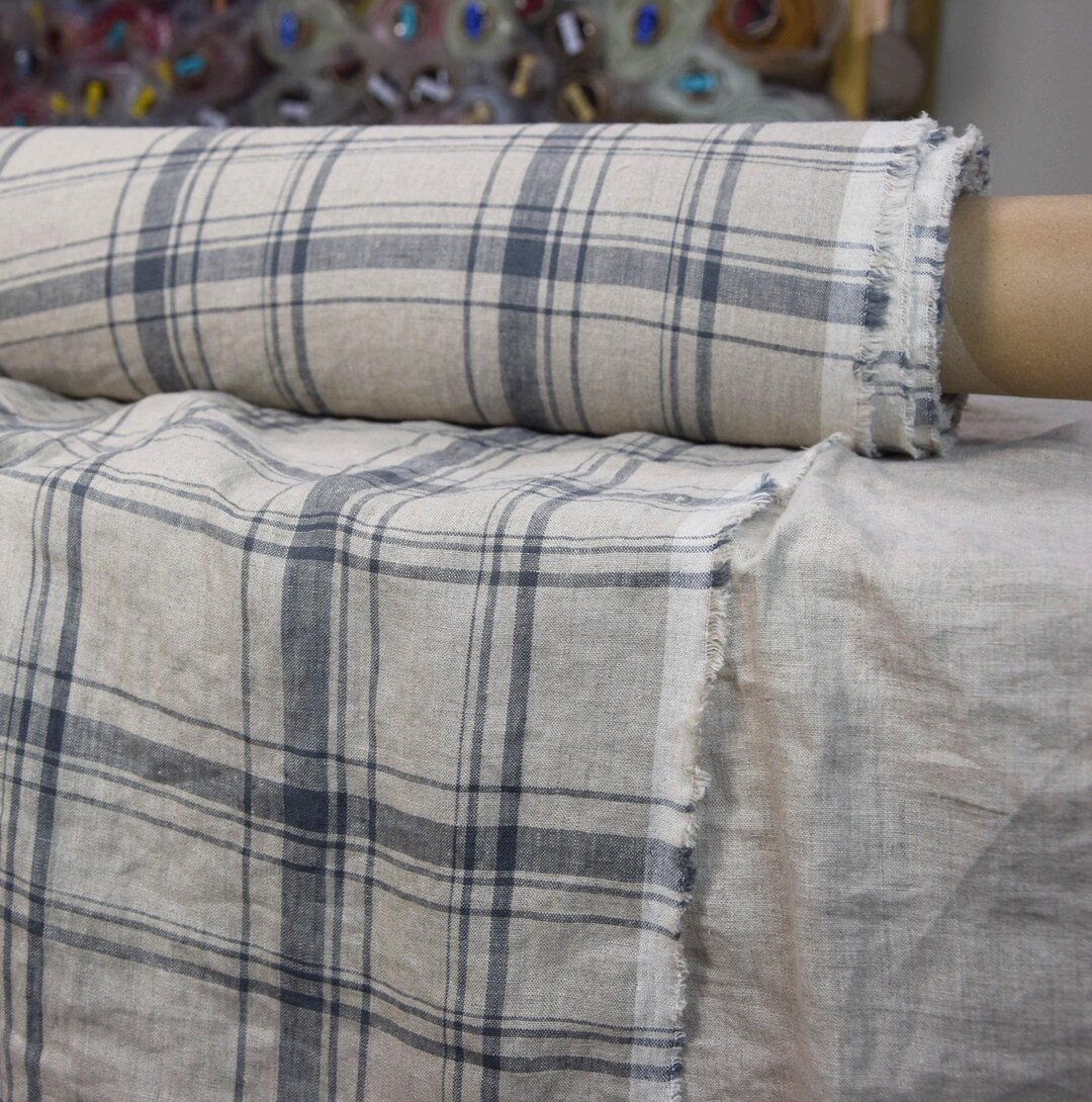 Checked Linen Fabric "augusta Natural Plaid", Gray Windowpane, 145gsm ...
