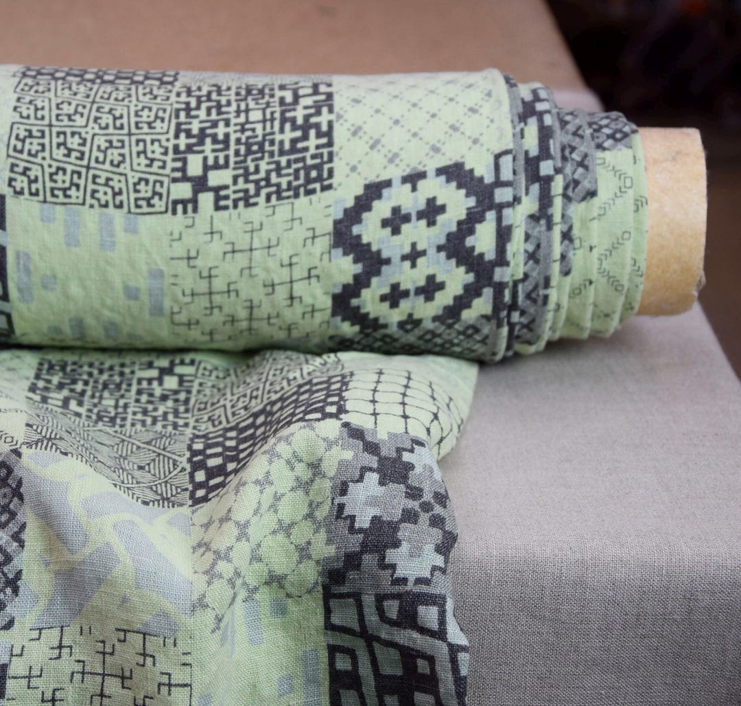 Pure 100% Linen Fabric "gloria Canary Green Patchwork Pattern" 200gsm ...