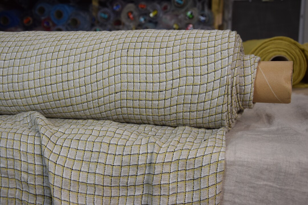 IN STOCK. Pure 100% Linen Fabric Montana Natural Tattersall 220gsm ...