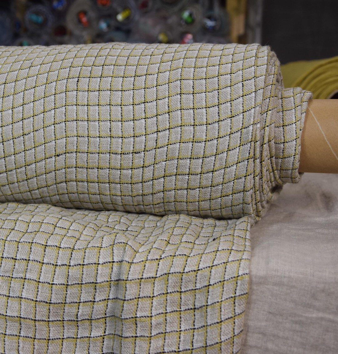 Premium Linen Fabric "montana Tattersall" Natural Background, Black ...